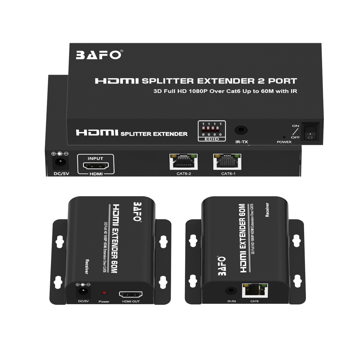 HDMI Splitter Extender 2 Port Over Cat6 with IR 60M (1080P@60Hz) - BAFO ...